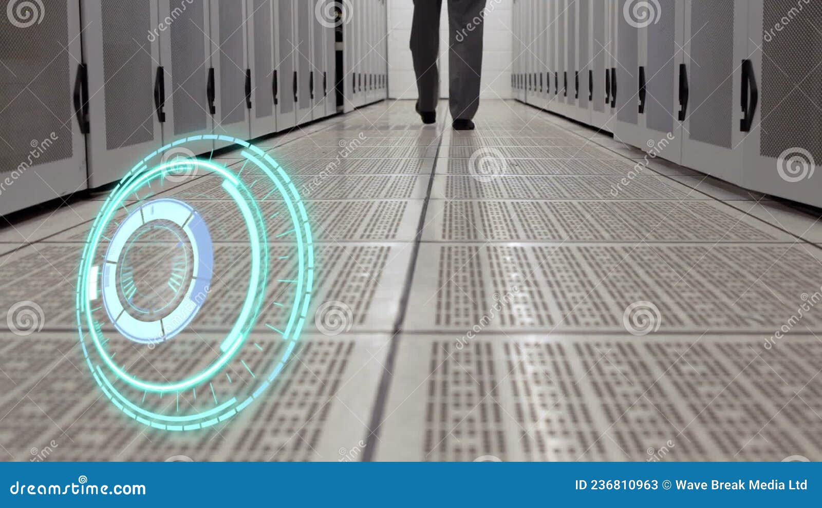 Animation of Processing Circle Over Person Walking in Server Room Stock ...