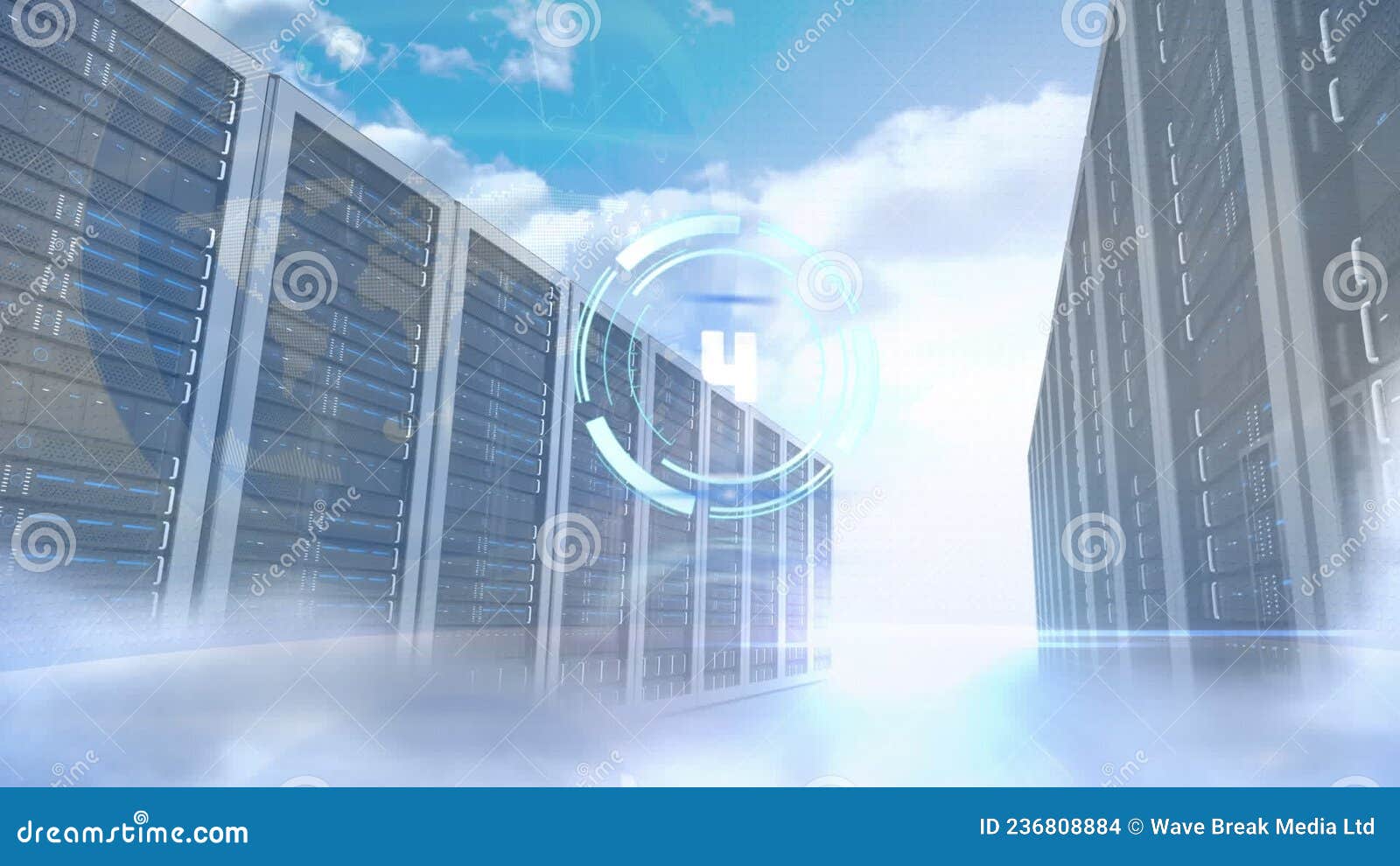 Animation of Processing Circle and Server Room Over Clouds Stock ...
