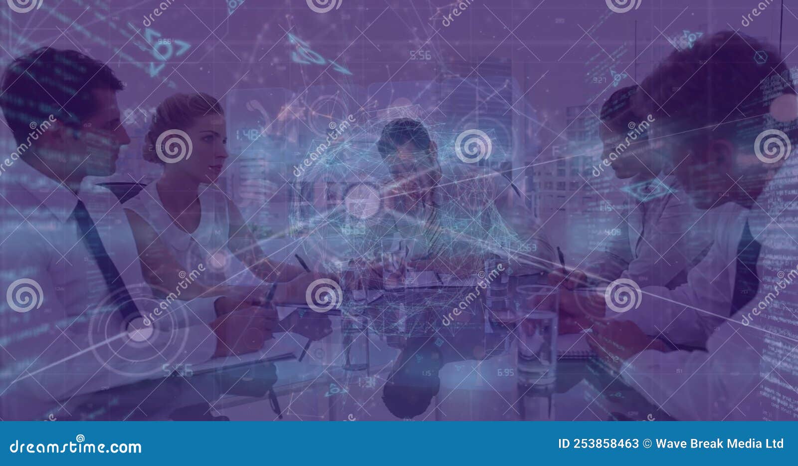 Animation Of Programming Code Connecting Dots Over Angry Man Shouting On Coworkers In Meeting