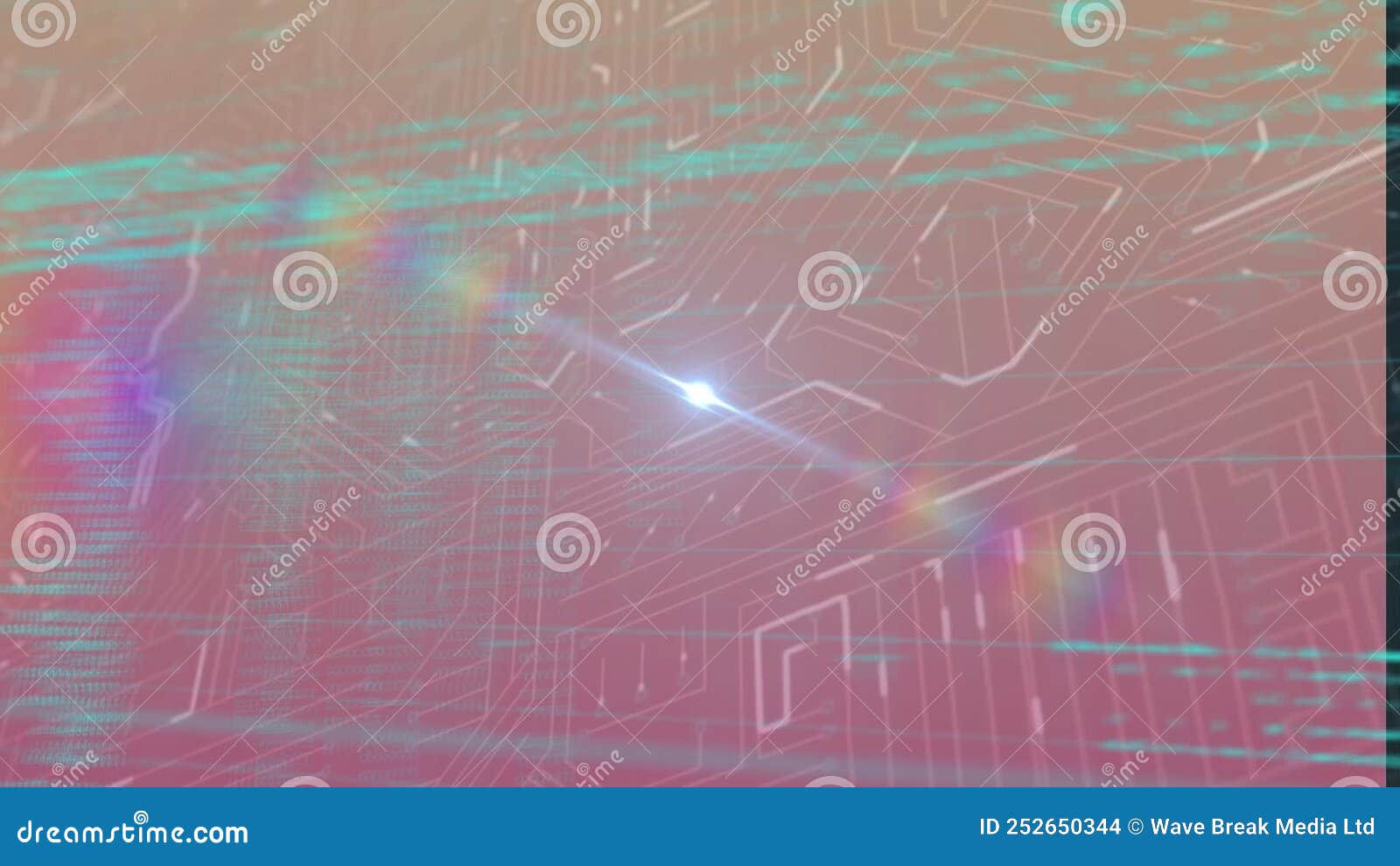 Animation Of Programming Data Grid And Light Over Graphical Circuit Board With Moving Signals