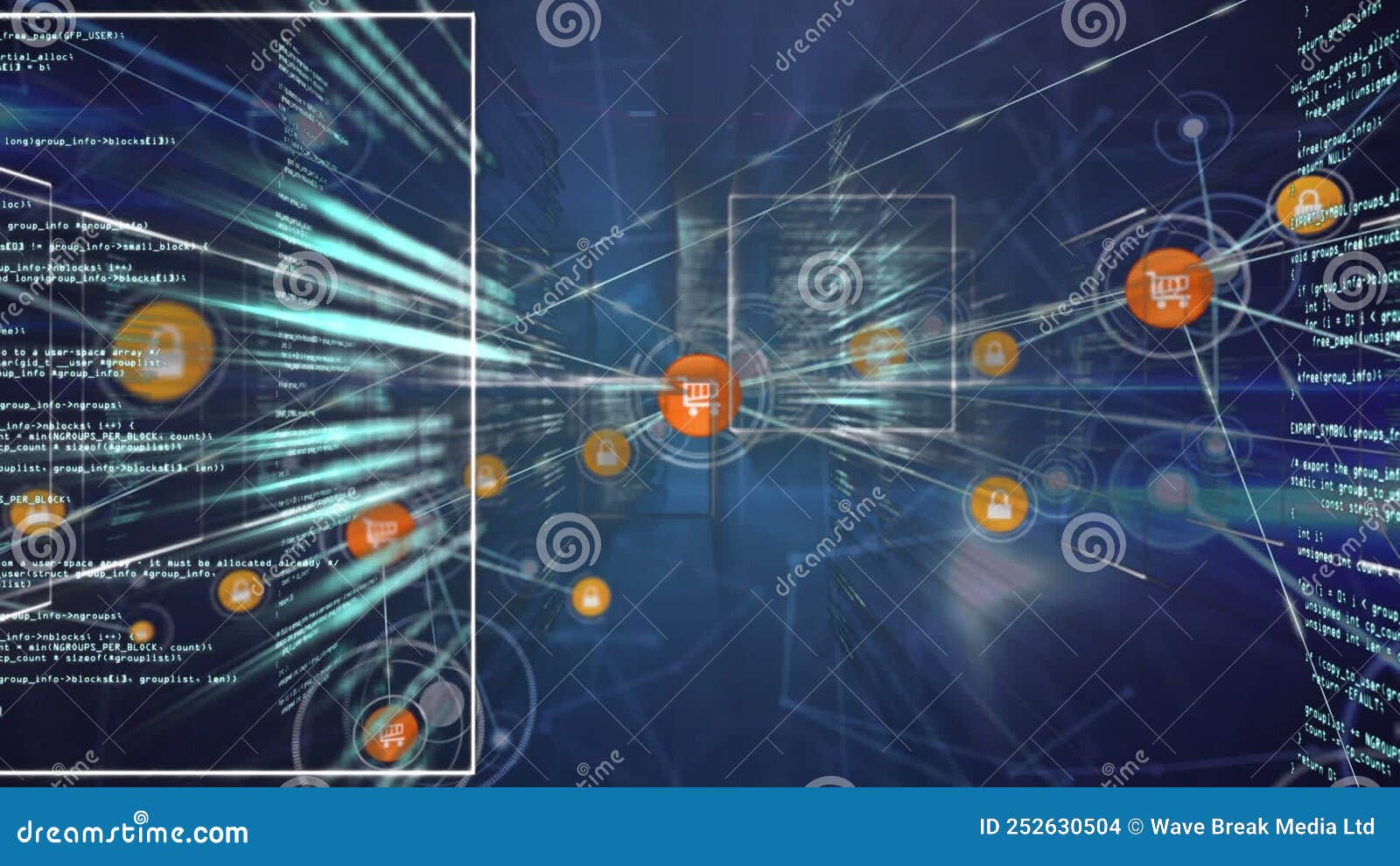 Animation Of Programming Data In Loop And Moving Lock And Shopping Cart Icons Connecting With