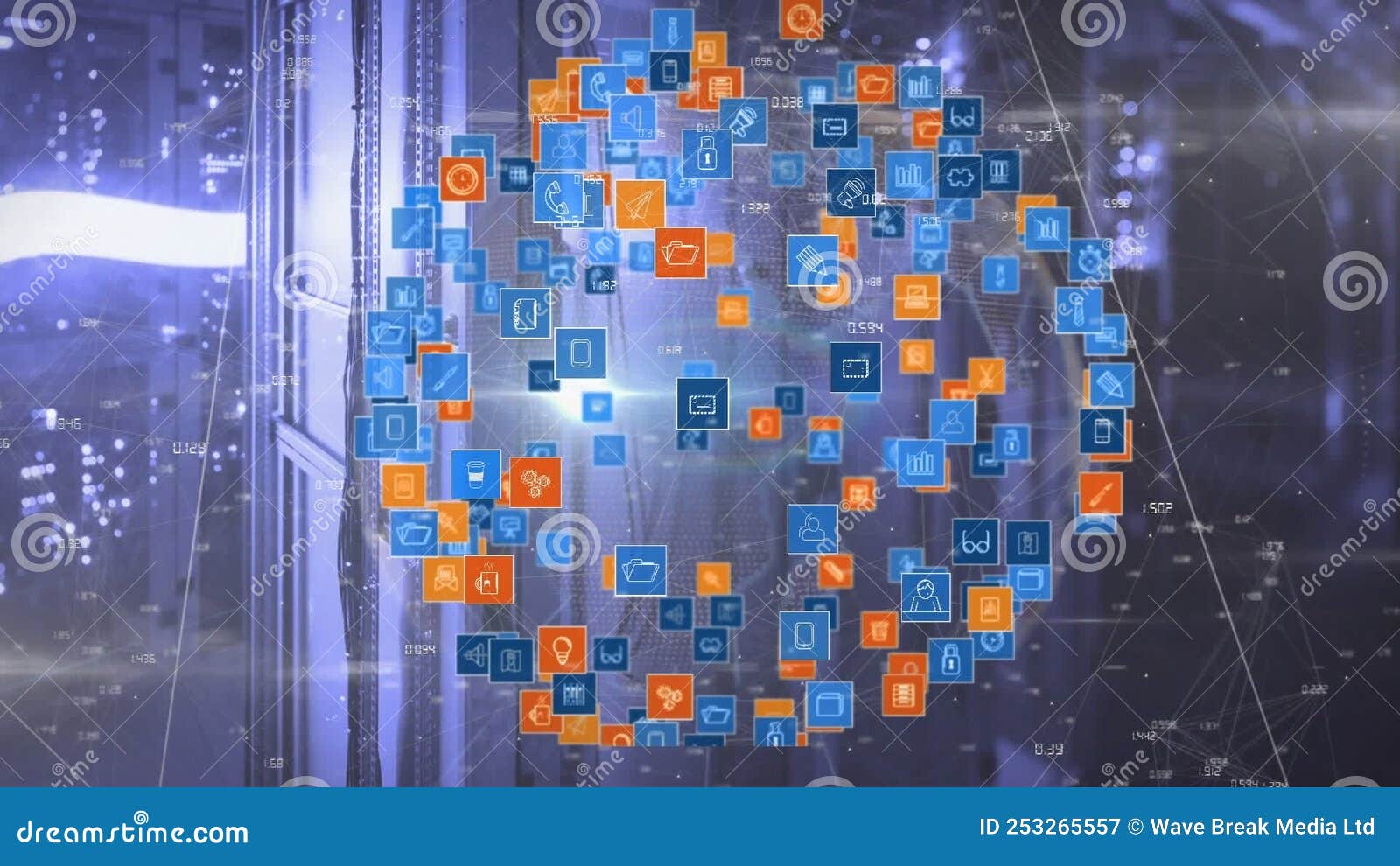 Animation of Purple Tubes Over Globe with Tech Icons, Lights and ...