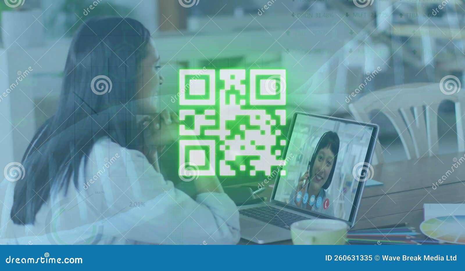 Animation of Qr Code and Dna Strand Over Biracial Businesswoman Having ... Animation of Qr Code and Dna Strand Over Biracial Businesswoman Having ...