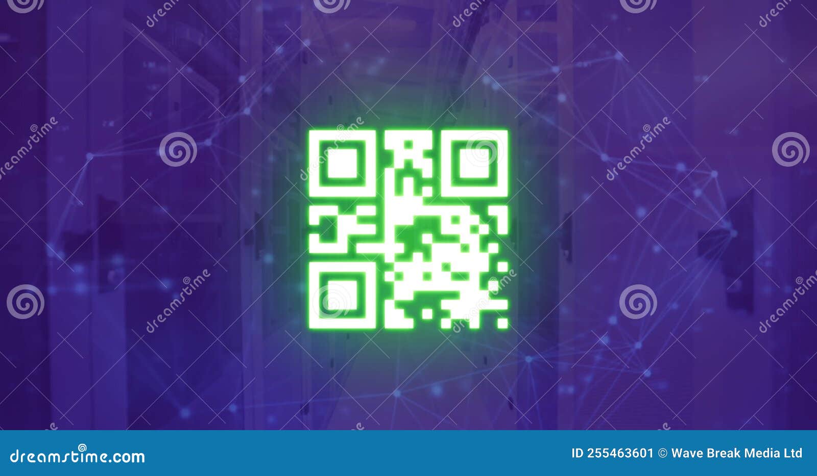 Animation of Qr Code and Network of Connections Over Server Room Stock ...