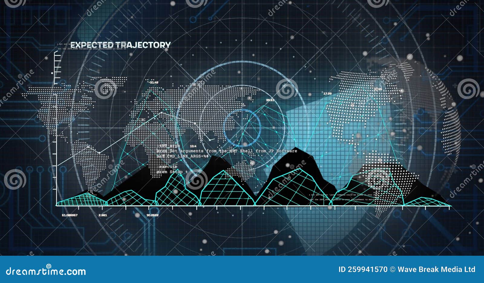 Animation of Radar,graphs and World Map on Navy Background Stock ...