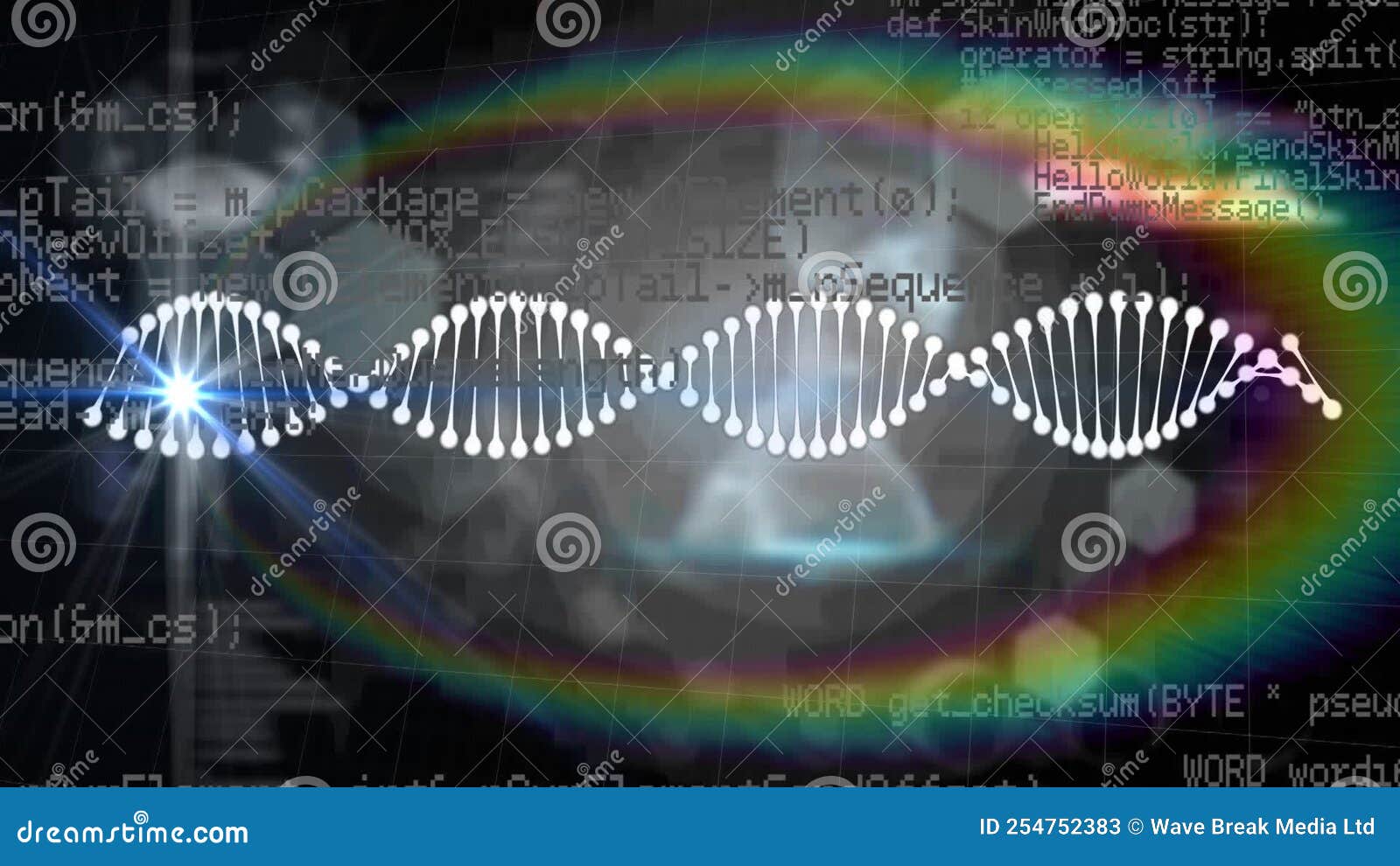 Animation of Rainbow Flare and Dna Structures Spinning Over Chemical Structures and Data ...