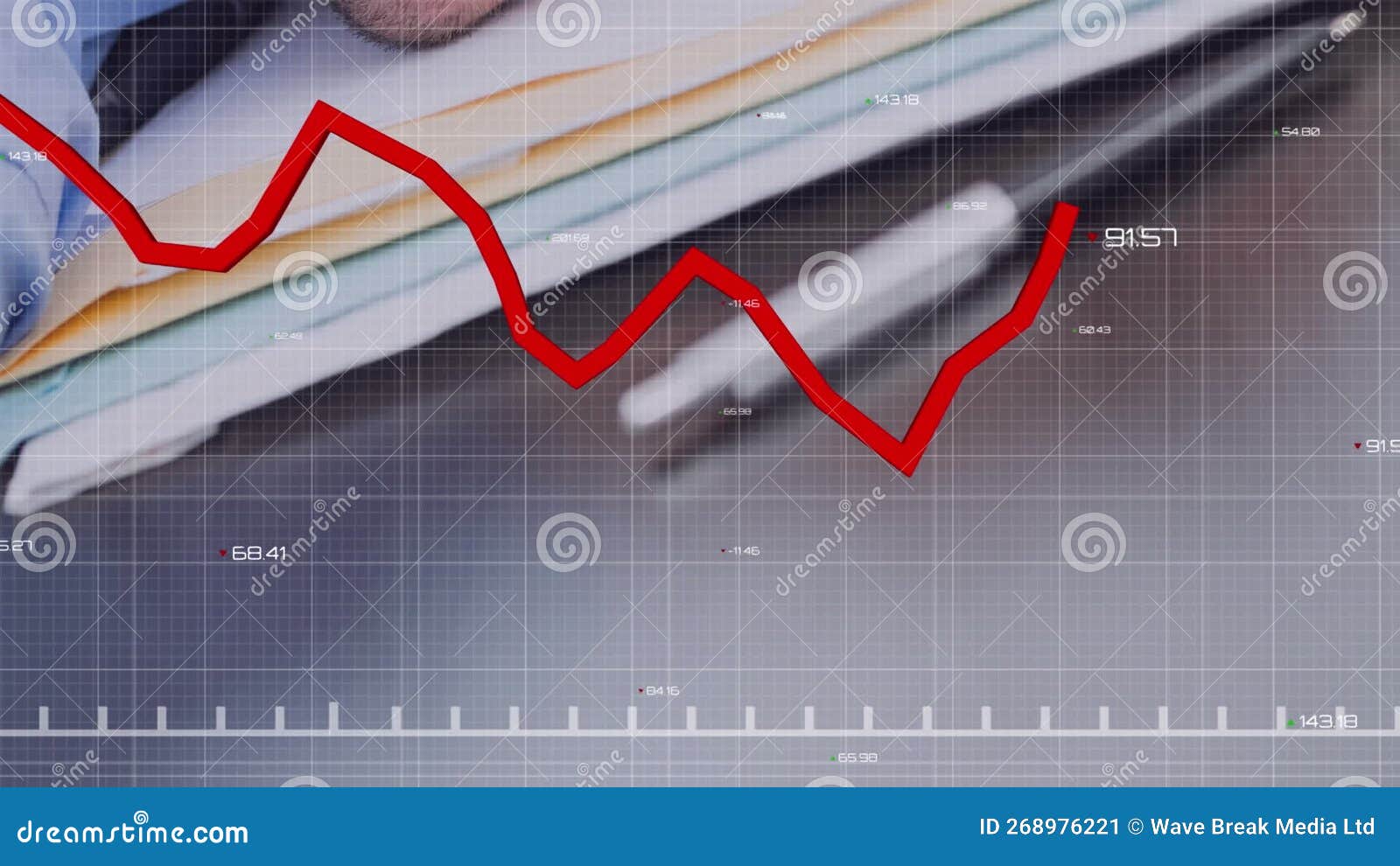 Animation of Red Line Graph Declining with Changing Numbers on Grid ...