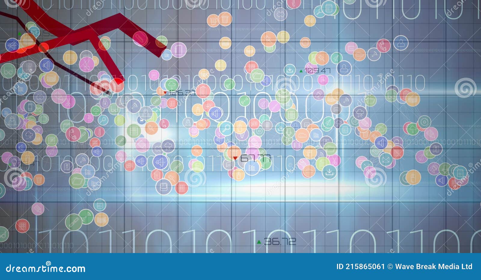 Animation of Red Lines Processing, Digital Icons and Binary Coding on Blue Background Stock ...