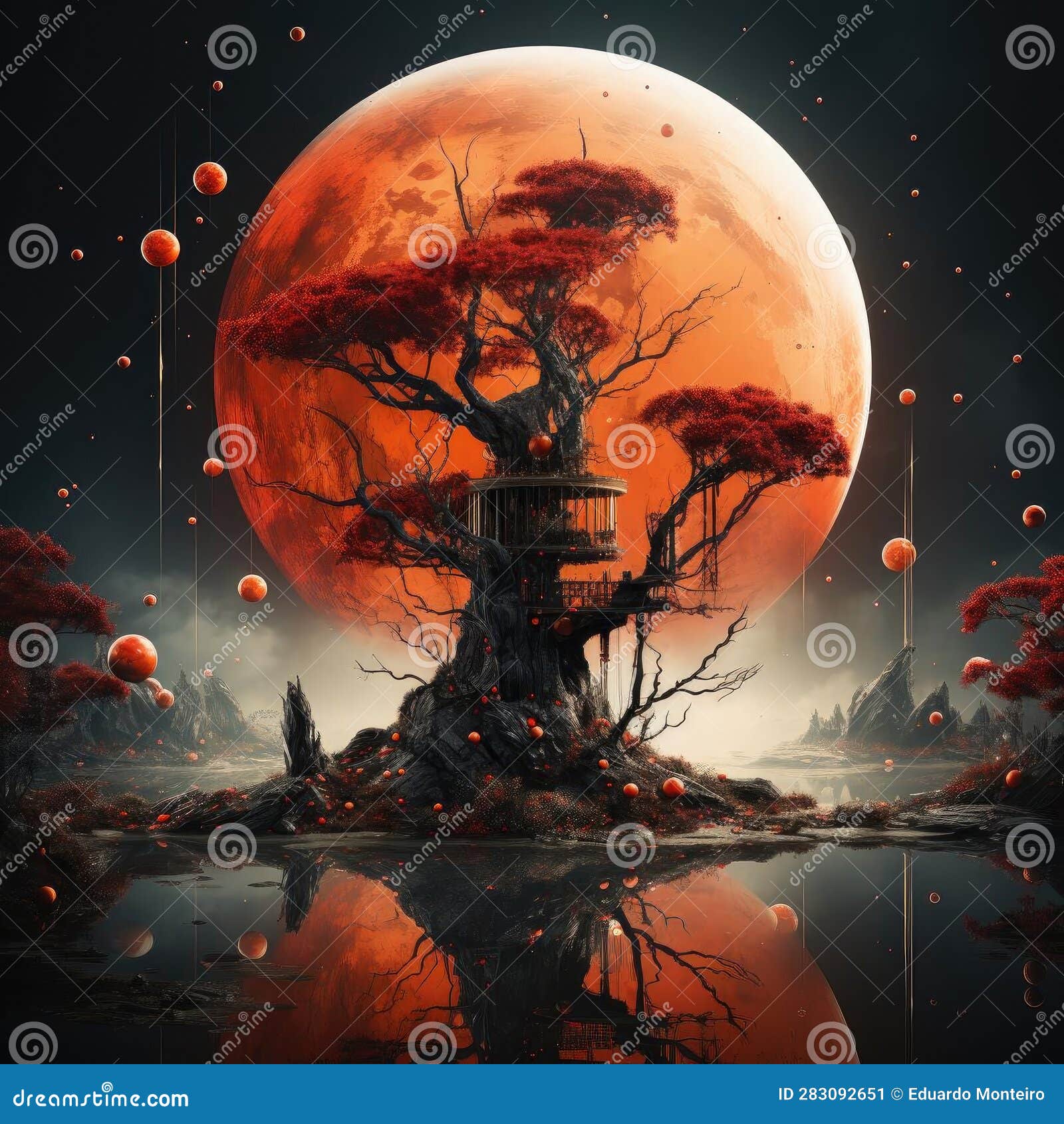 Animation of a Red Moon Over a Small Tree House Stock Illustration ...