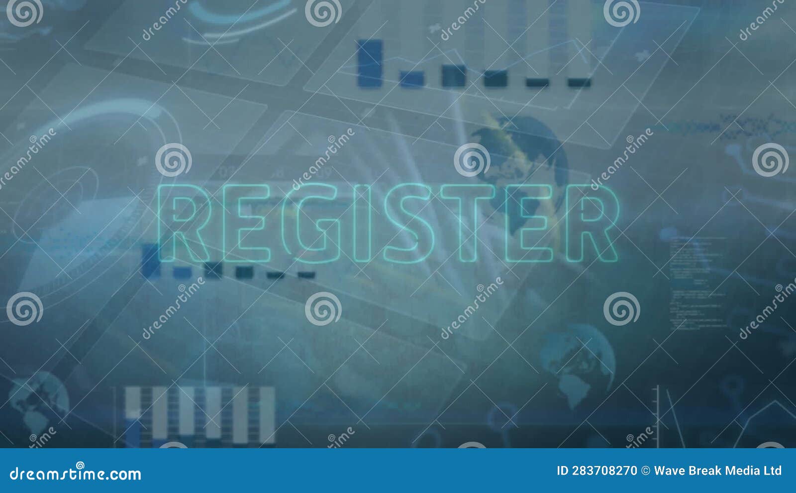 Animation of Register Text Over Radar, Graphs, Globes, Computer Language Against Abstract ...