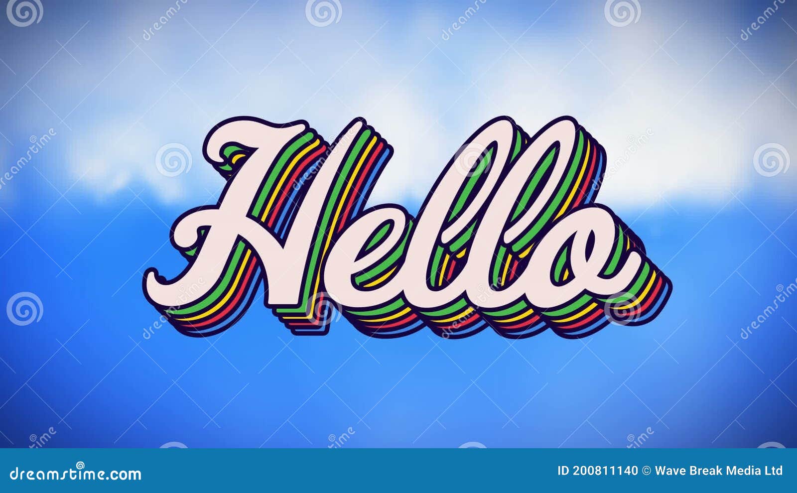 Animation of Retro Hello Rainbow Text on Blue Sky and Clouds in the ...