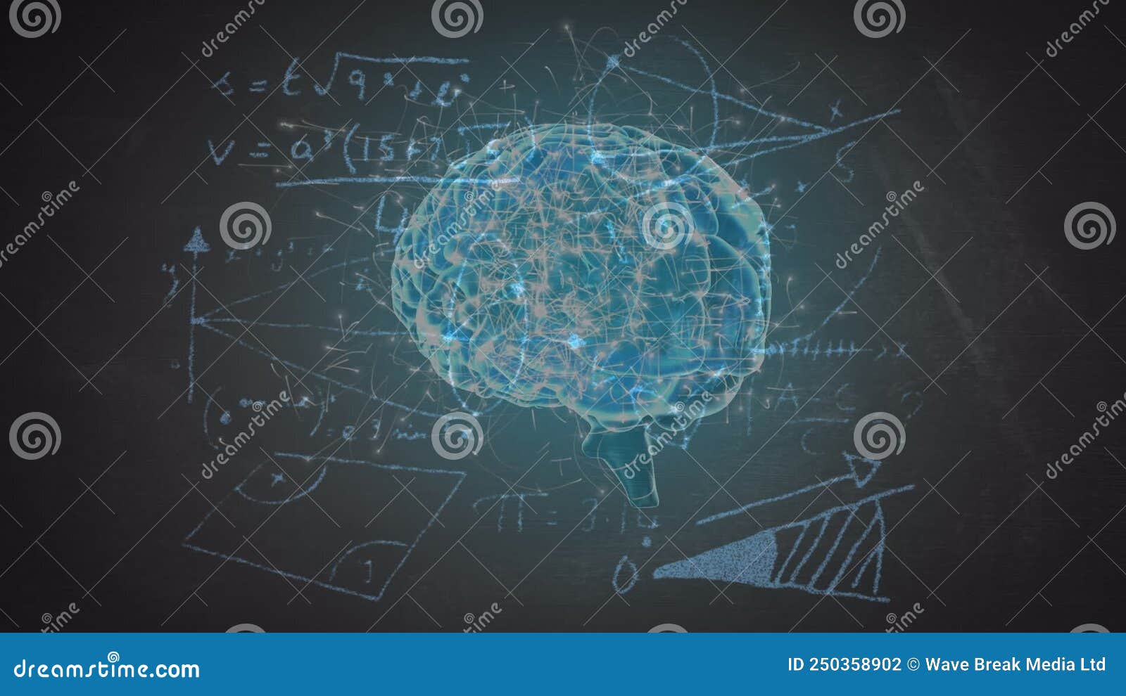 Animation of Rotating Brain and Math Formulas on Navy Background Stock ...