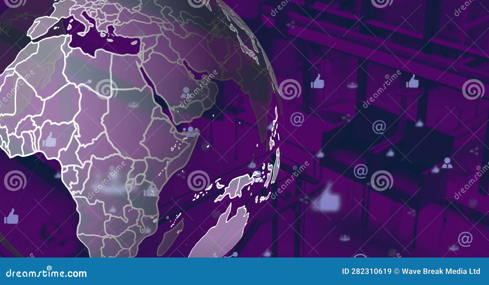 Animation Of Rotating Globe Over Multiple Computer Icons Against Empty Office Stock Video