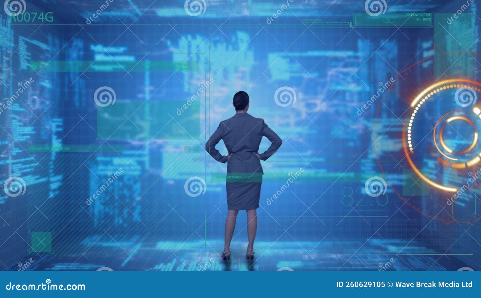 Animation of Round Scanner Spinning Over Rear View of Businesswoman ...