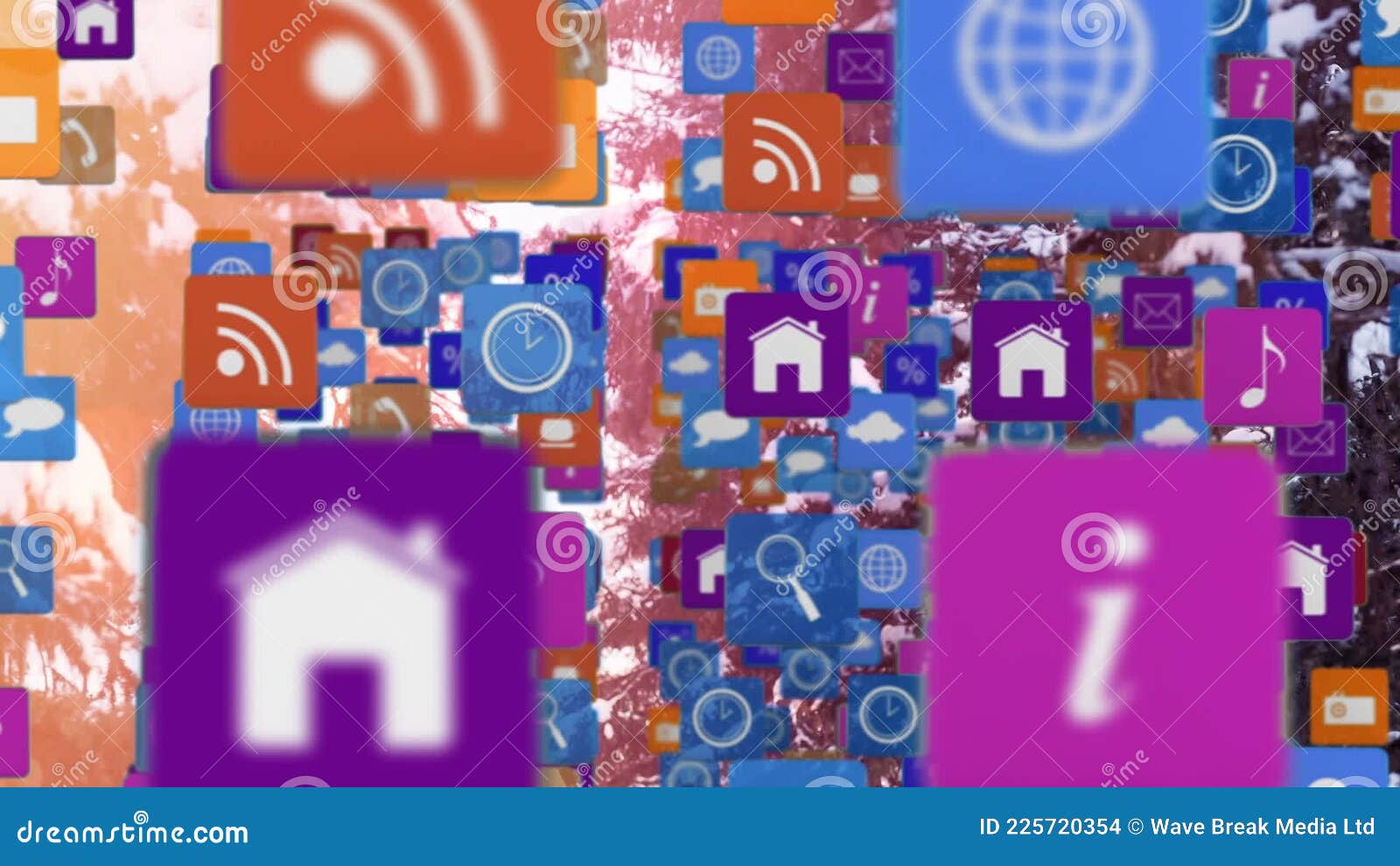 Animation of Rows of Digital Icons Flying Over Trees Background Stock ...