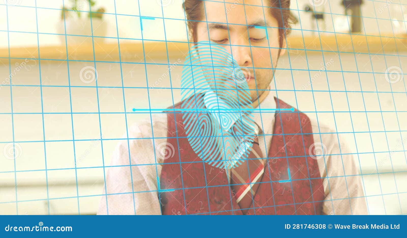 Animation of Scanning Biometric Over Grid Pattern Against Asian Man ...