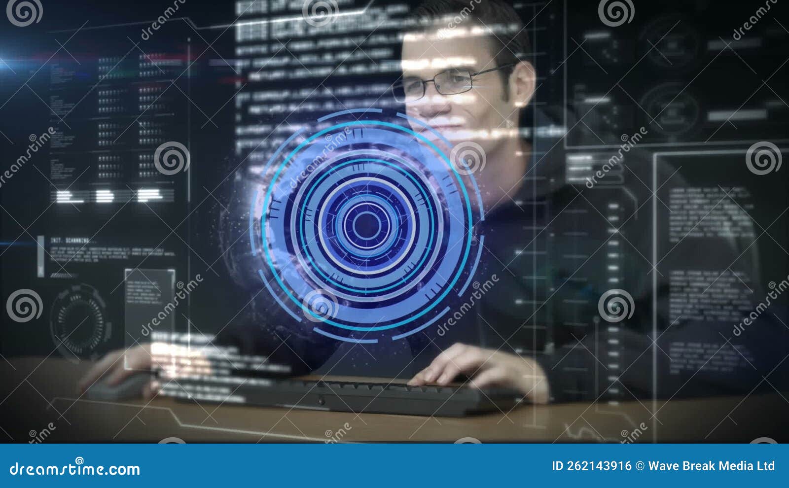 Animation of Scope Scanning and Data Processing Over Male Hacker Stock ...