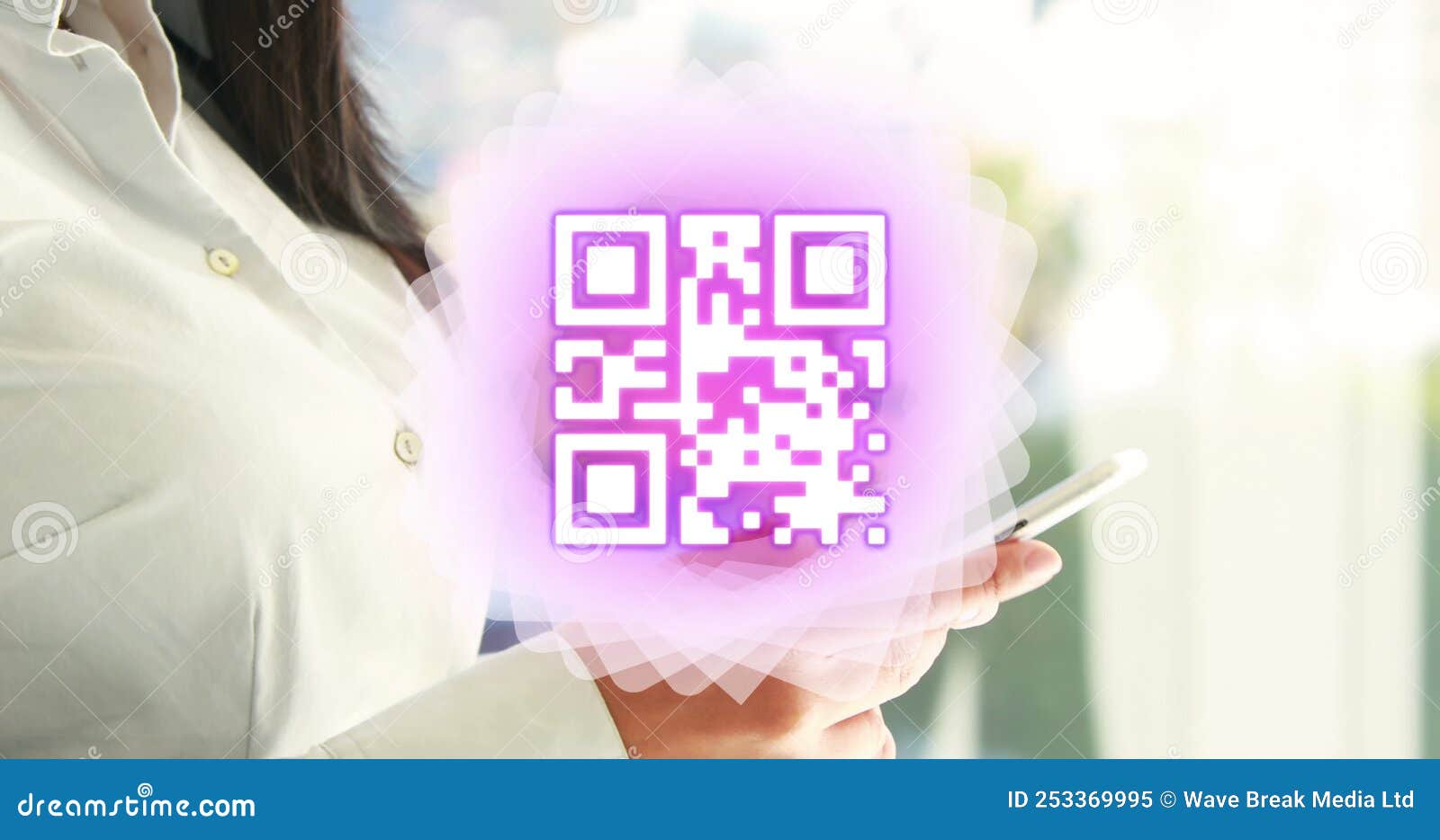 Animation of Shapes and Qr Code Over Asian Woman Using Smartphone Stock ... Animation of Shapes and Qr Code Over Asian Woman Using Smartphone Stock ...