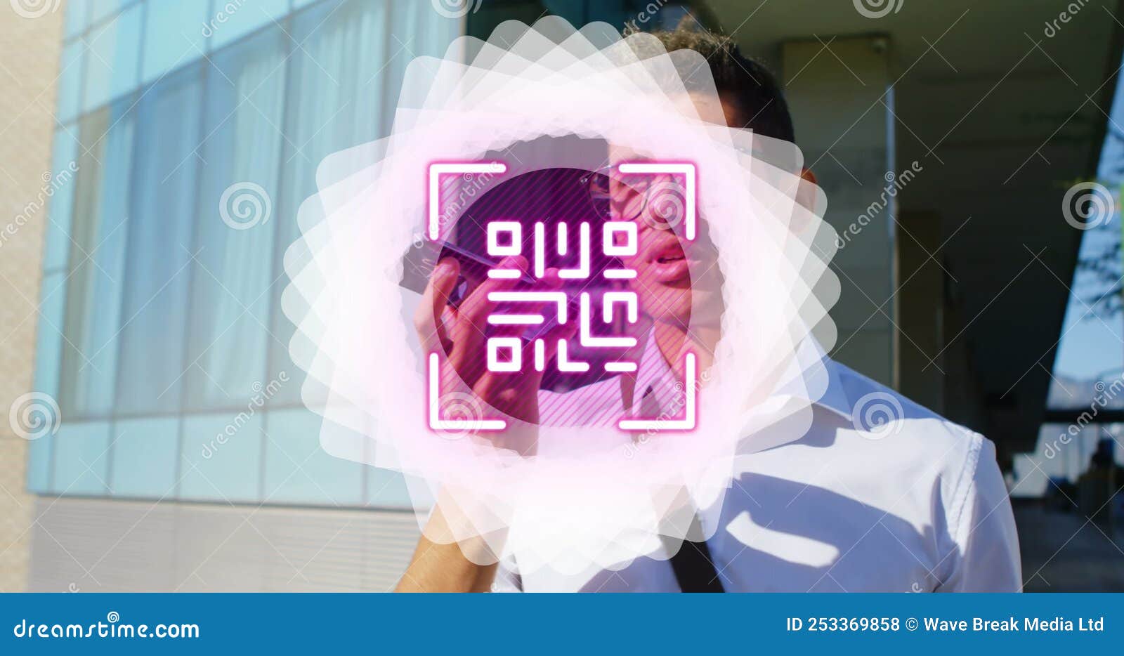 Animation of Shapes and Qr Code Over Biracial Man Using Smartphone ... Animation of Shapes and Qr Code Over Biracial Man Using Smartphone ...
