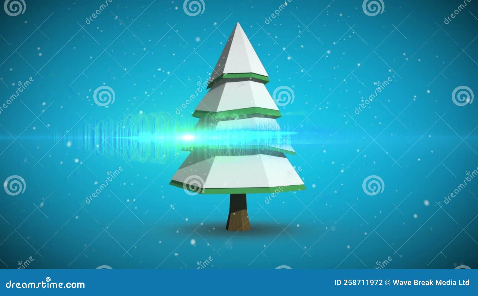 Animation of Snow Falling and Light Trails Over Tree on Blue Background ...