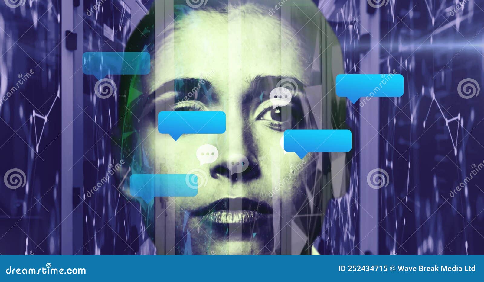 Animation of Social Media Icons and Female Face Over Server Room Stock ...