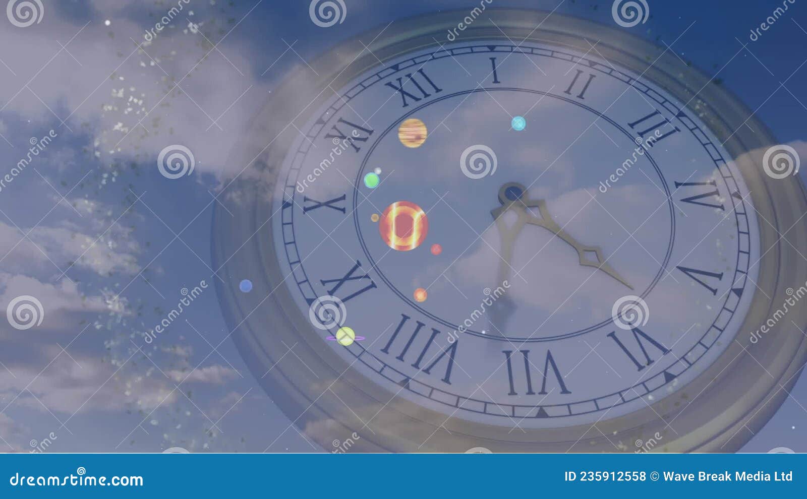 Animation of Solar System, Planets and Space Over Clock Ticking Stock ...