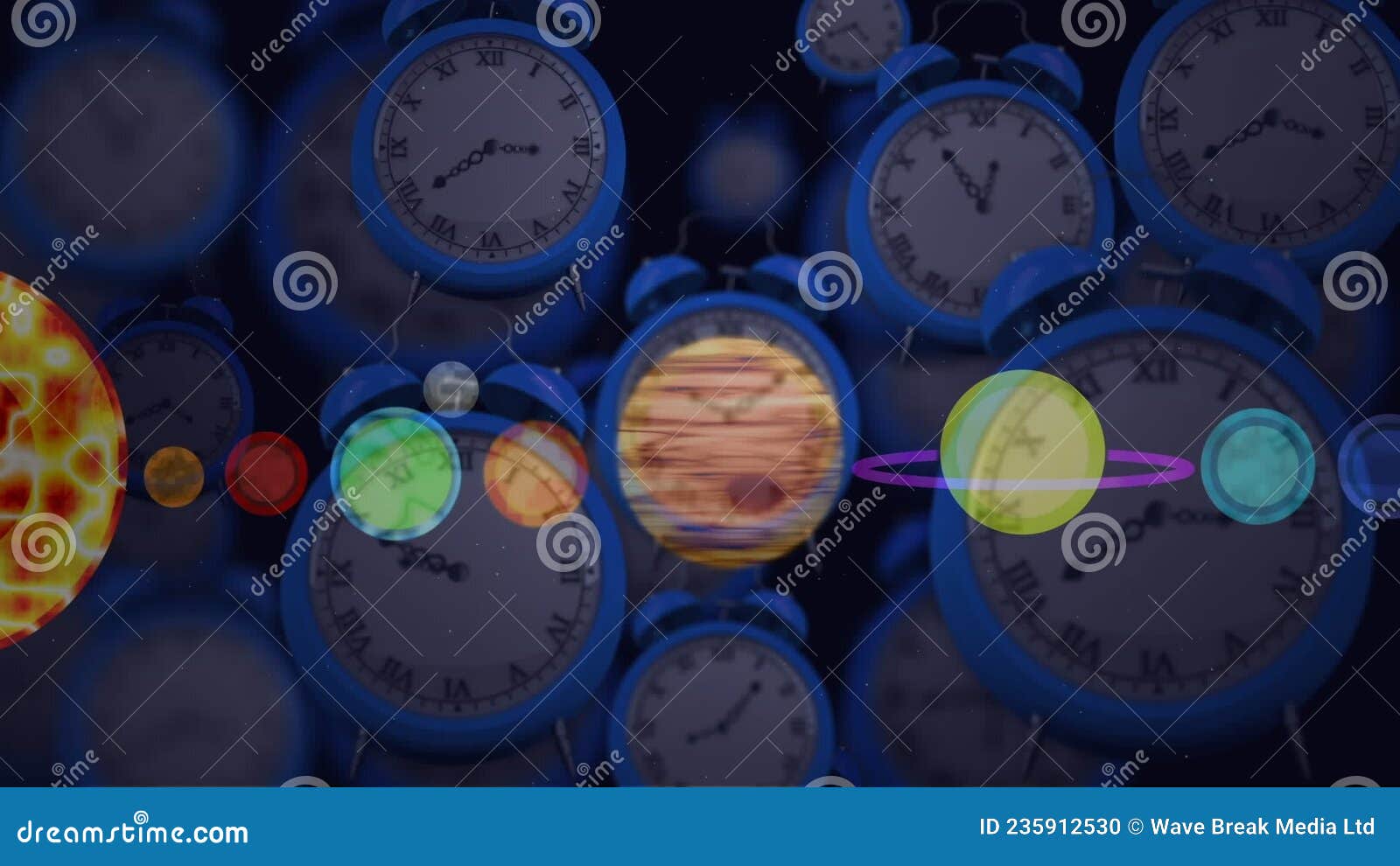 Animation of Solar System, Planets and Space Over Clocks Ticking Stock ...