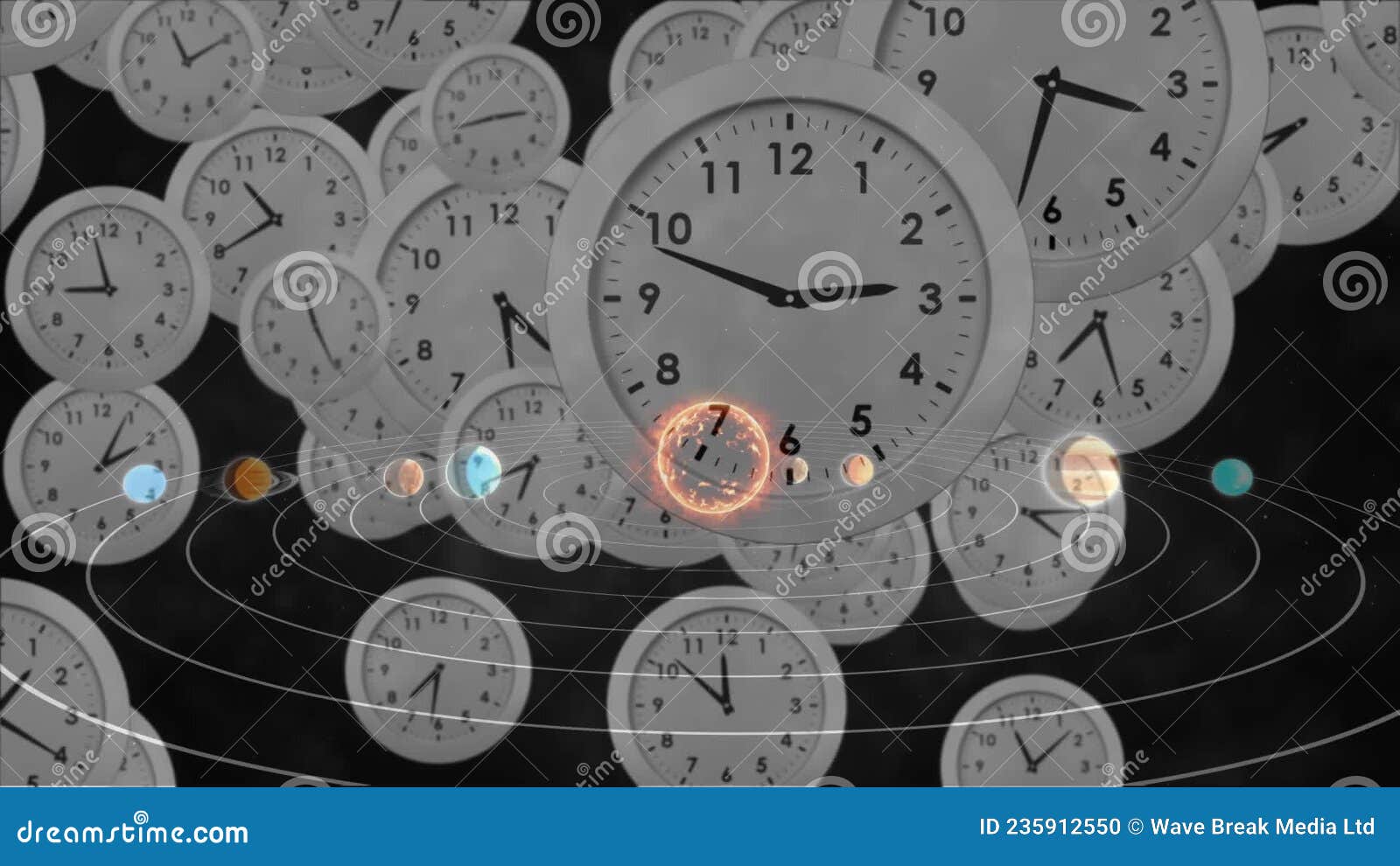 Animation of Solar System, Planets and Space Over Clocks Ticking Stock ...