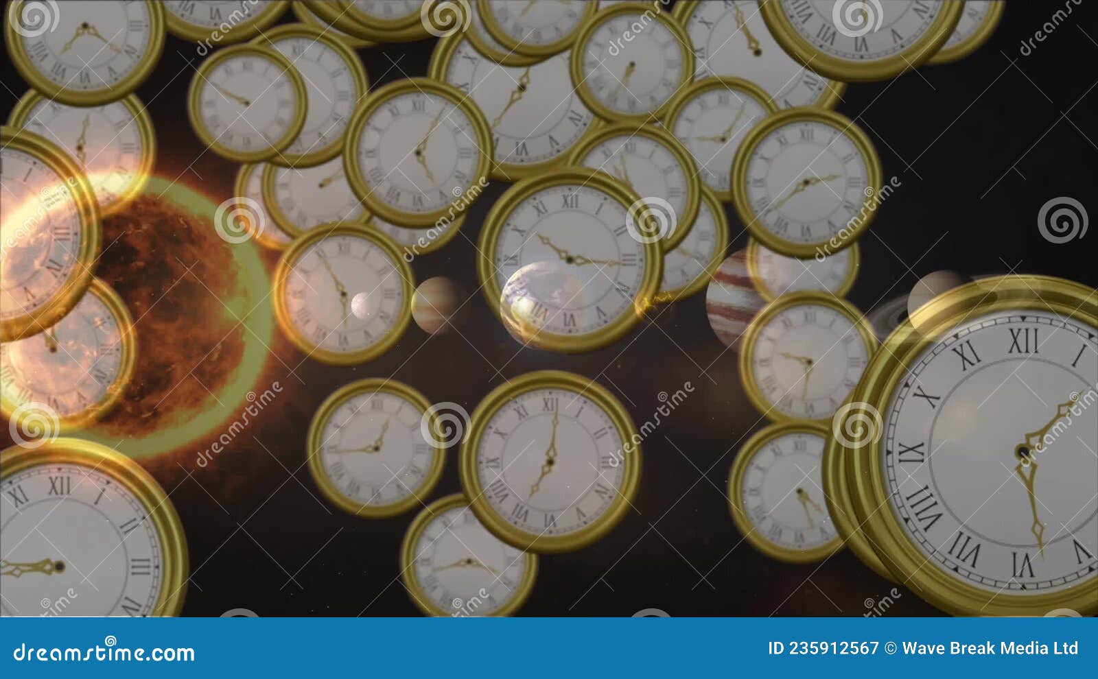 Animation of Solar System, Planets and Space Over Clocks Ticking Stock ...