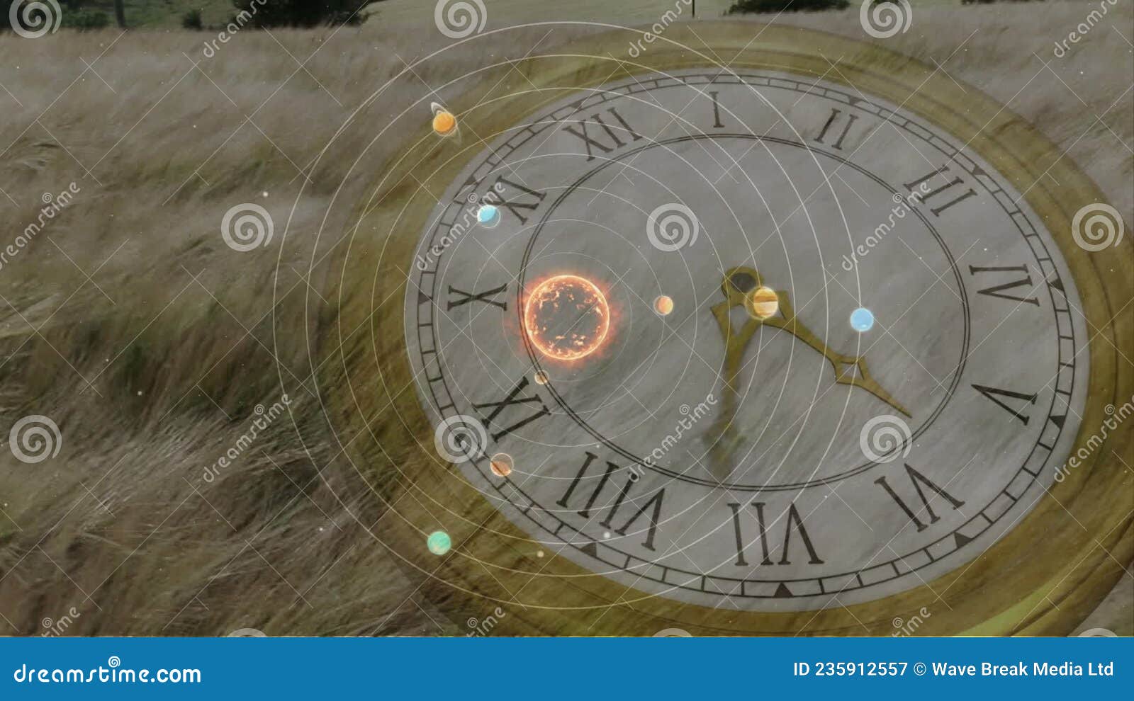 Animation of Solar System, Planets and Space Over Field and Clock ...