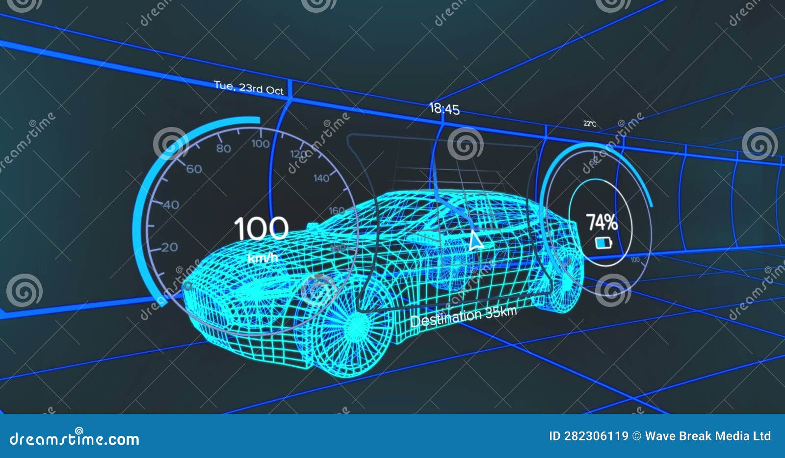 Animation of Speedometers and Numbers Over 3d Model of Car Against Grid ...