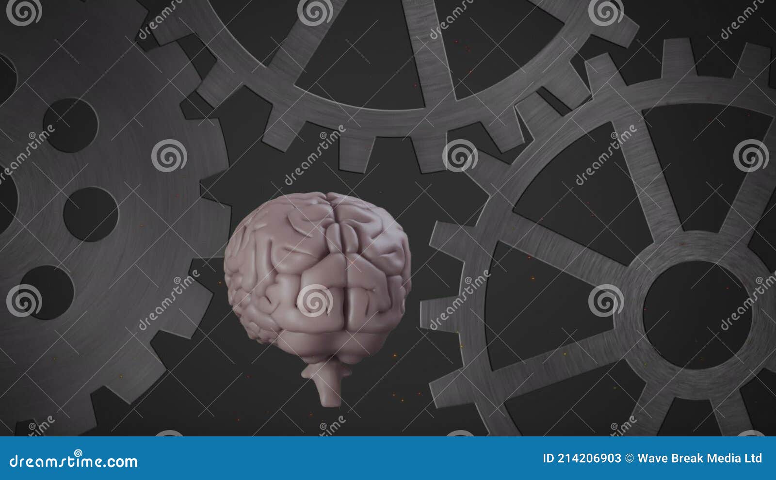 Animation of Spinning Human Brain Over Turning Metallic Cogs on Grey ...