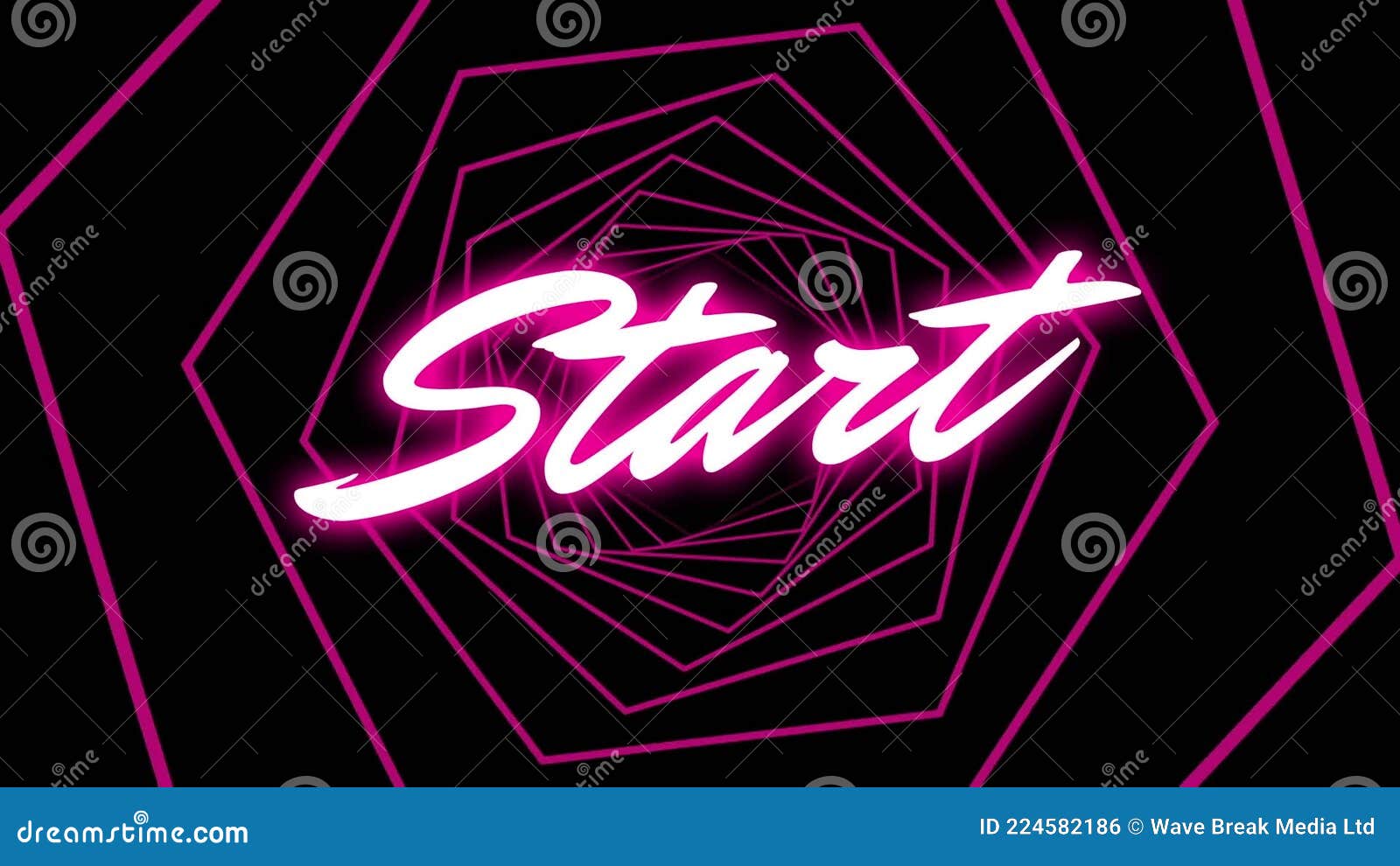 Animation of Start Text in Glowing Letters Over Neon Geometric Tunnel ...