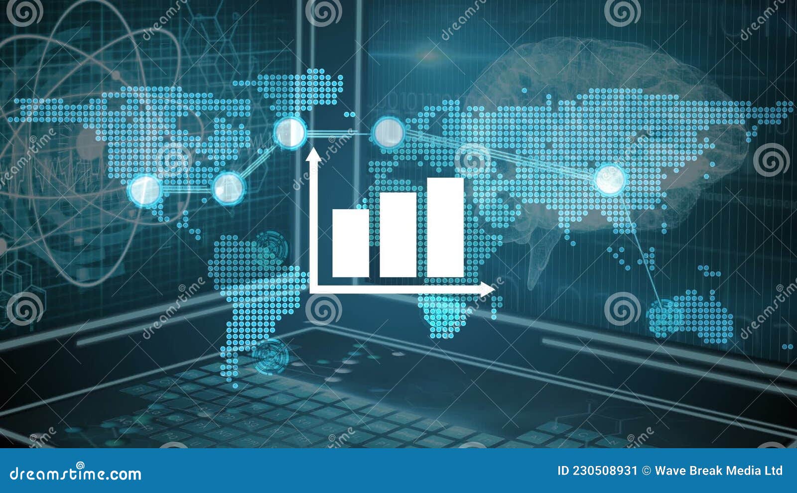Animation of Statistic Graph Over World Map on Dark Blue Background ...