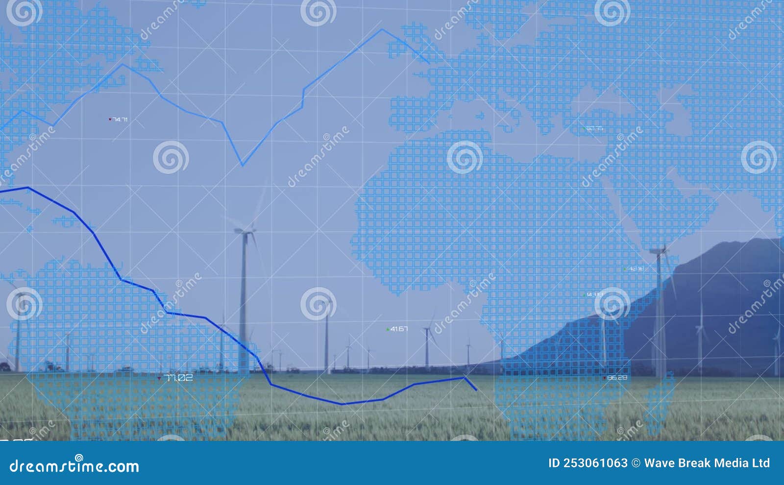No People Animation Statistic Financial Data Data Processing World Map Wind Turbine Countryside ...