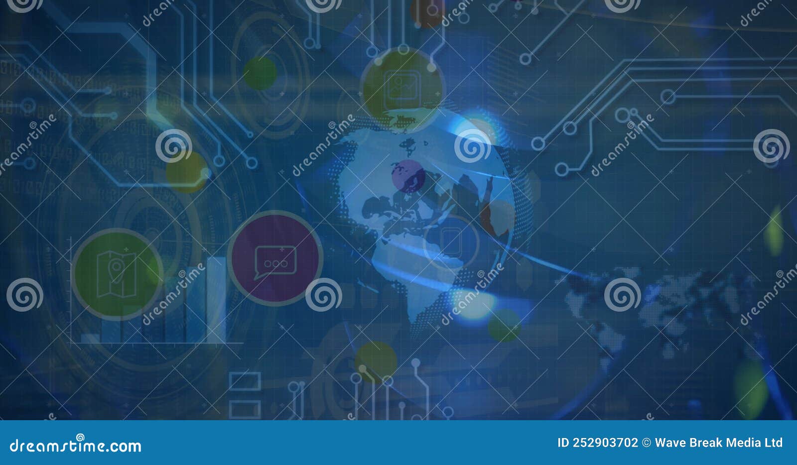 Animation of Tech Icons, Globe and Motherboard on Blue Digital Screen ...