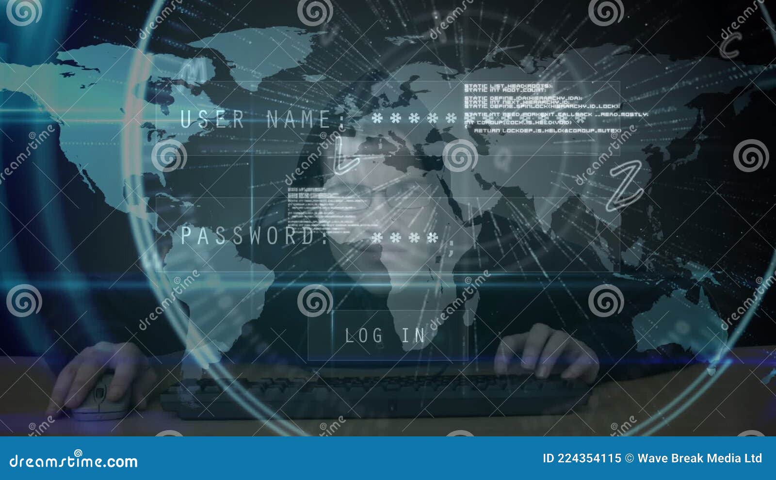 Animation of Text Access Denied, Over Login Interface with World Map ...
