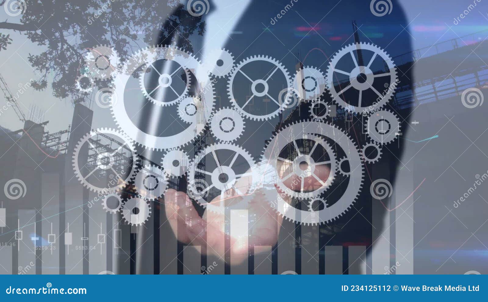 Animation of Turning Cogs Over Businessman, Cityview and Data ...