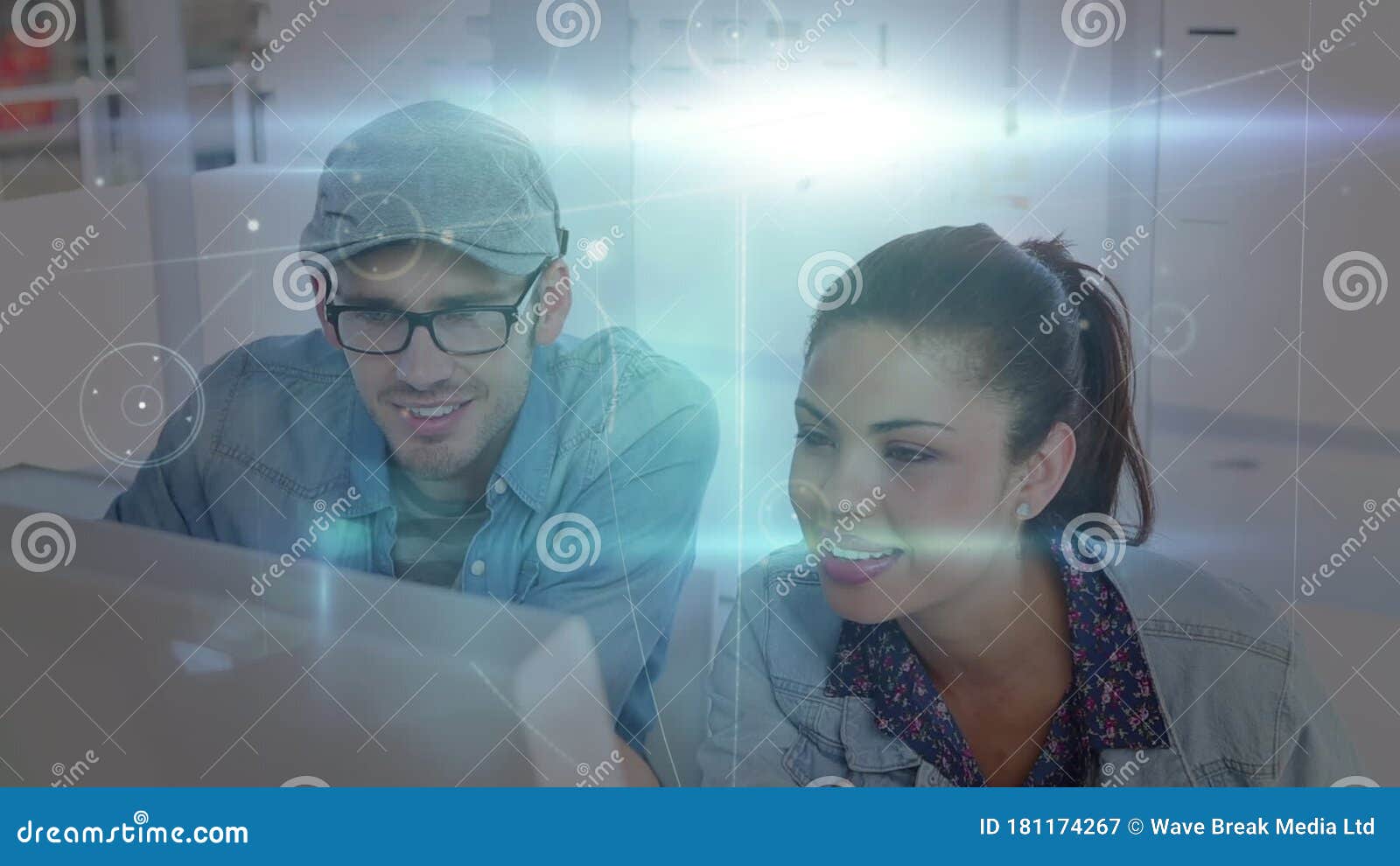 Animation of Two People Using a Computer Over a Web of Connection ...