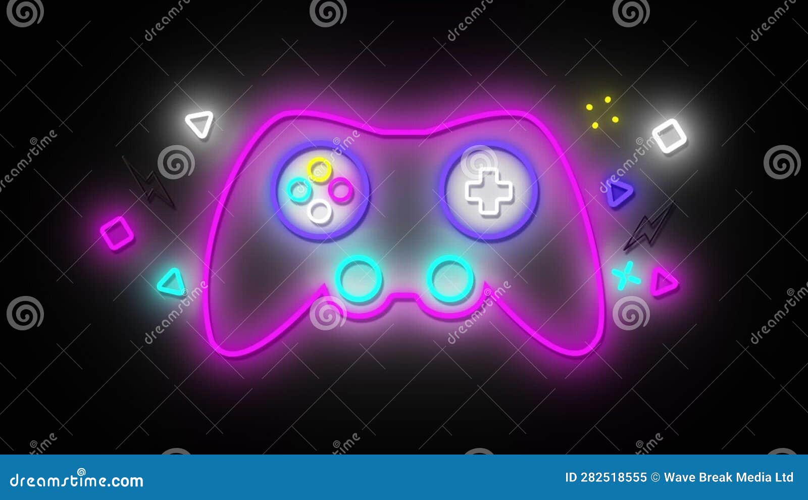 Animation of Video Console Over Neon Light Trails on Black Background ...