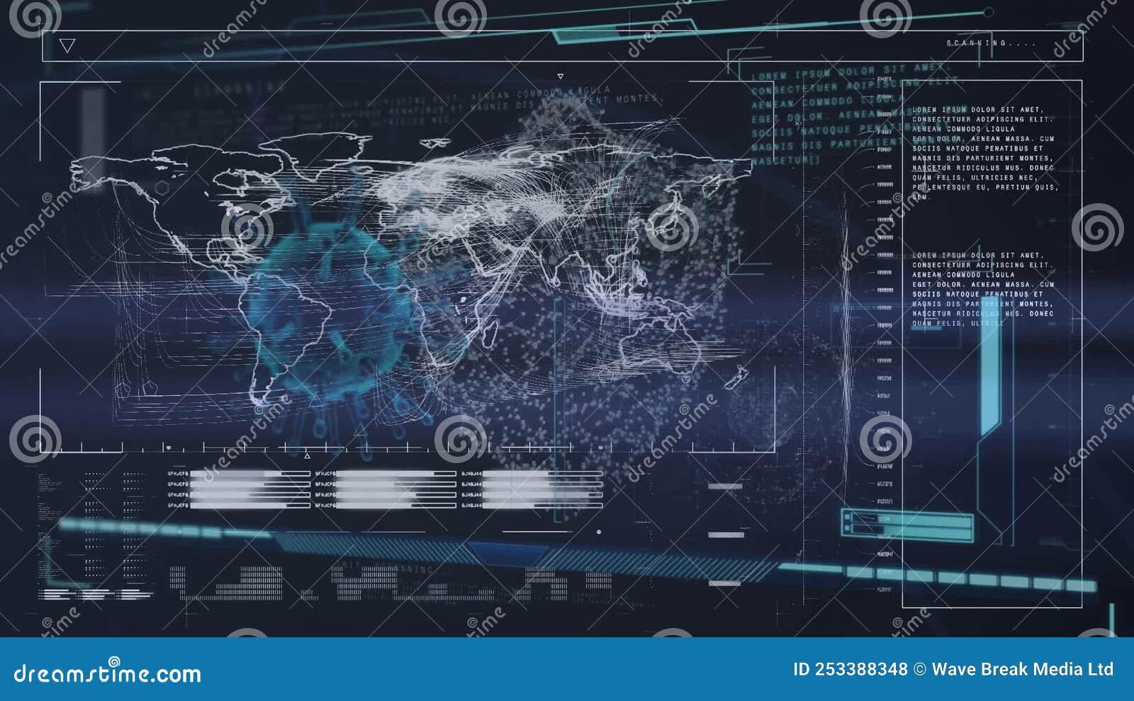 Animation of Virus Over Digital Screen with World Map and Diverse Data ...