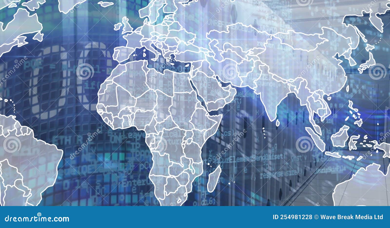Animation Of World Map Binary Coding And Data Processing Over Empty Computer Server Room Stock
