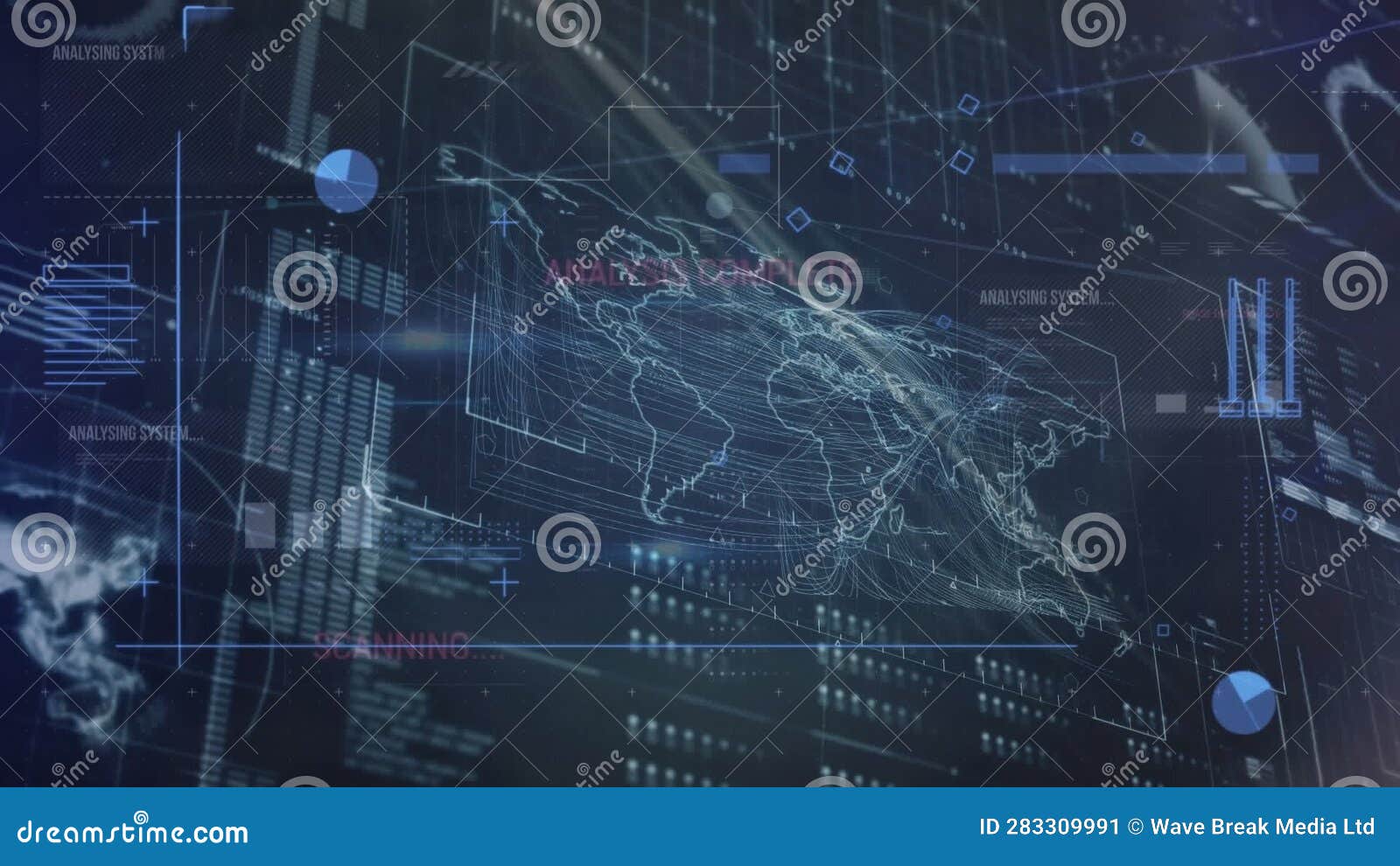 Animation of World Map and Data Processing on Blue Background Stock ...