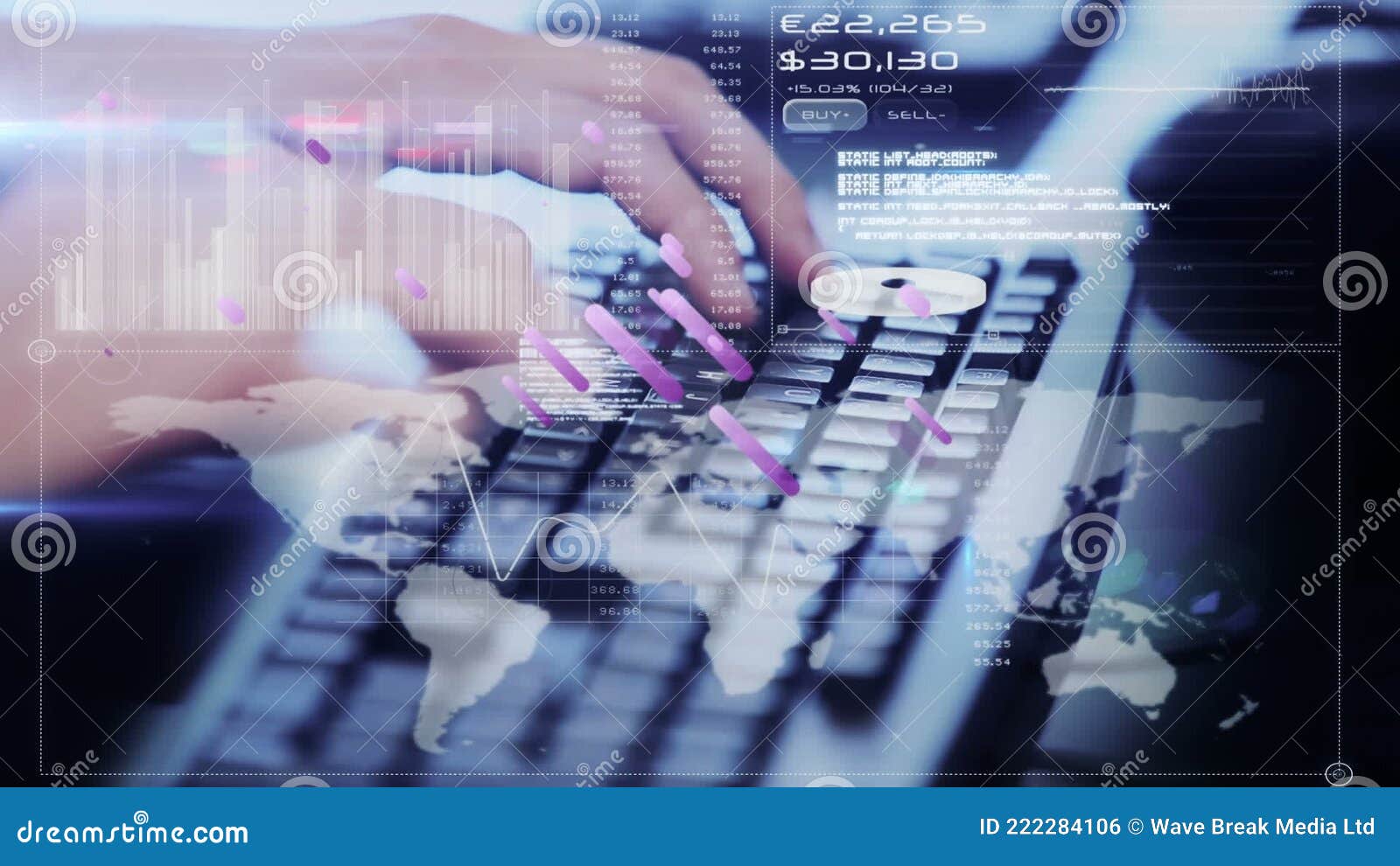 Animation of World Map and Data Processing on Interface Over Hands Typing on Computer Keyboard ...