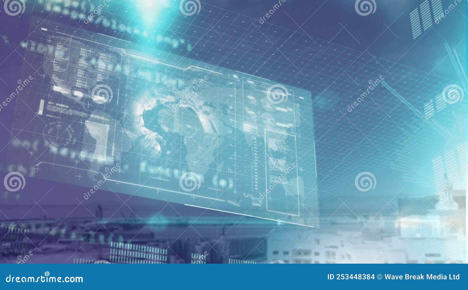 Animation of World Map, Globe, Data Processing with Light Beam on ...