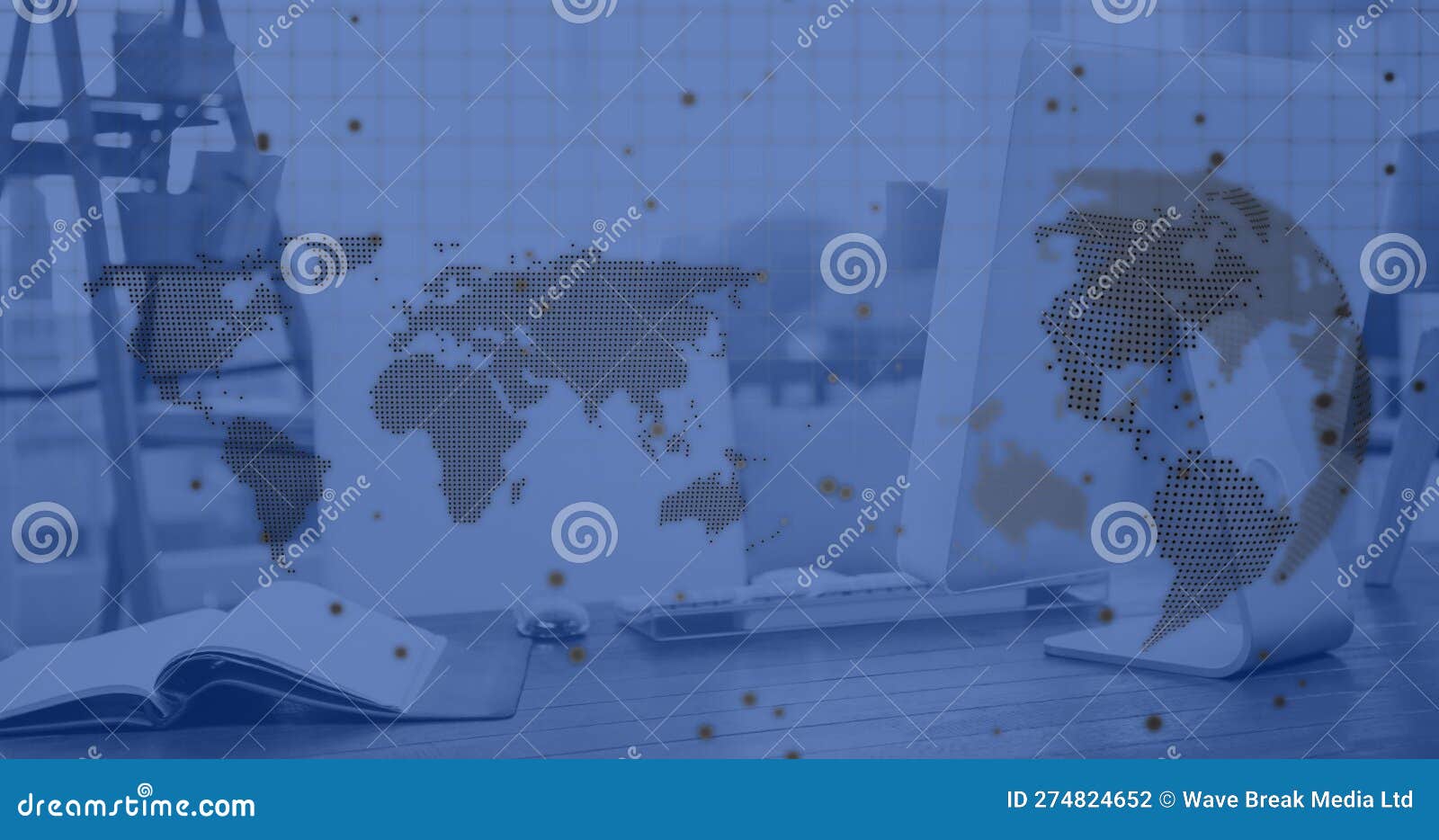Animation of World Map and Globe Over Office Desk with Computer Stock ...