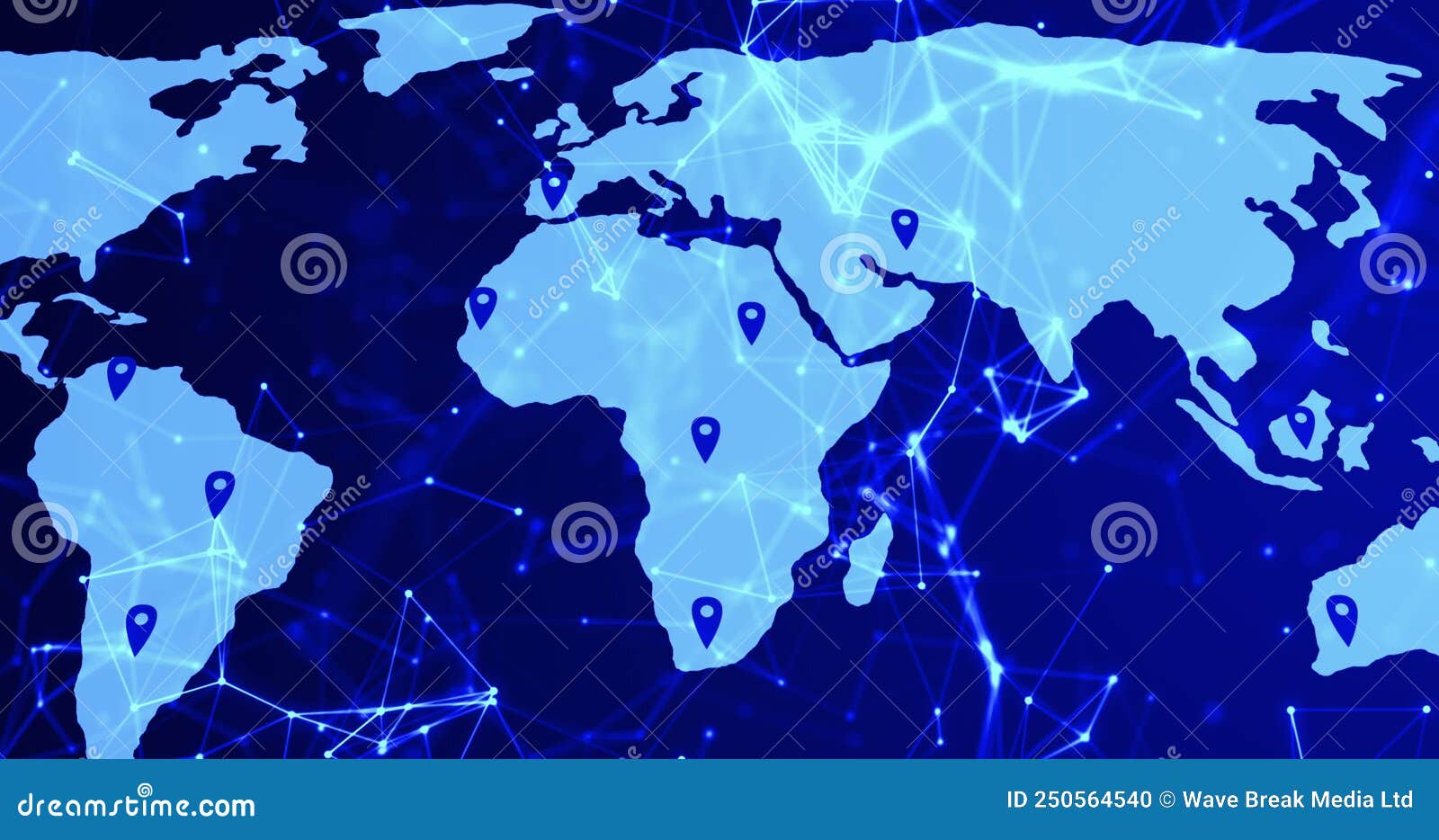 Animation of World Map with Location Marks and Connections on Blue ...