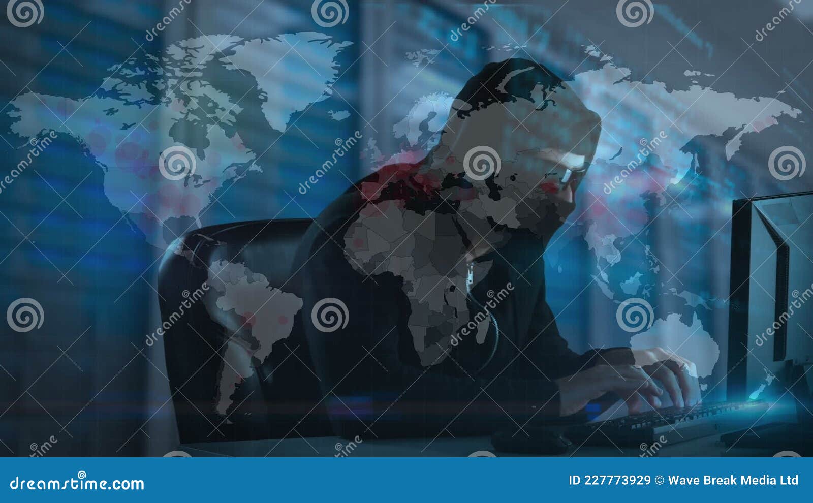 Animation of World Map Over Hacker with Computer Stock Video - Video of ...