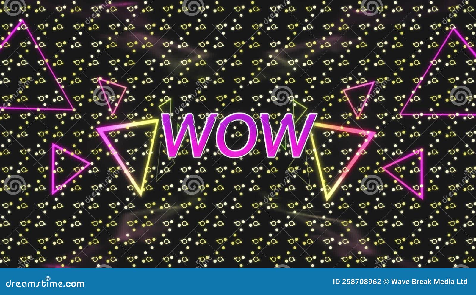 Animation of Wow Text Banner and Neon Triangular Shapes Against ...