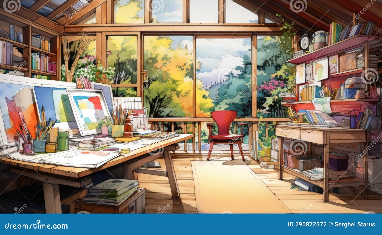 Anime Art Studio, a Lot of Space, AI Stock Photo - Image of bookshelf ...